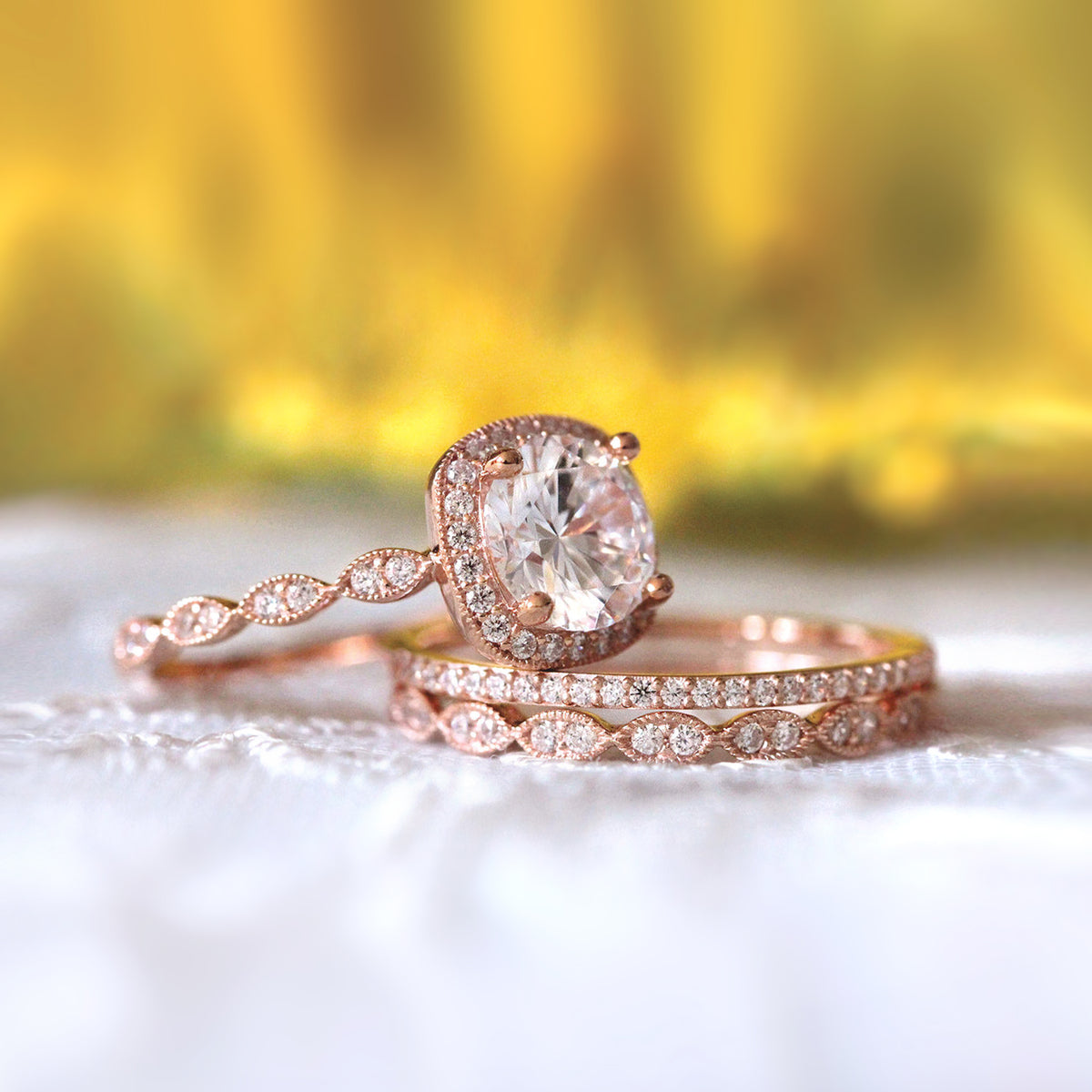 Vintage Art Deco • Grand Round Halo Pavé Mix Triple Ring Set • Rose Go ...